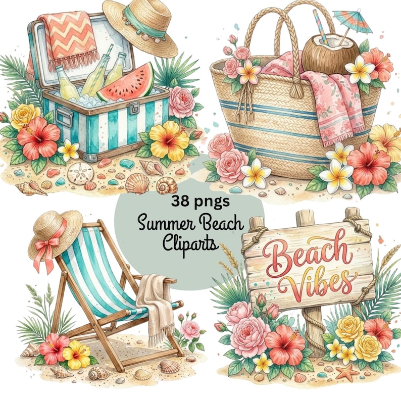 Summer Beach Clipart Bundle | 38 Whimsical Watercolor Pngs | Coastal ...