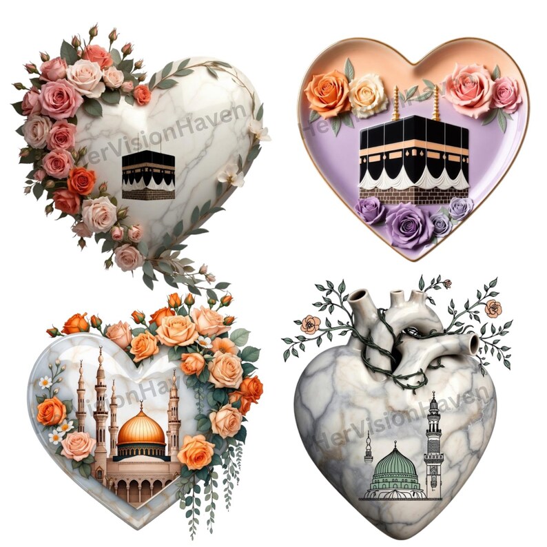 Floral Heart Kaaba Masjid Nabawi Clipart Bundle | 41 Islamic Watercolor ...