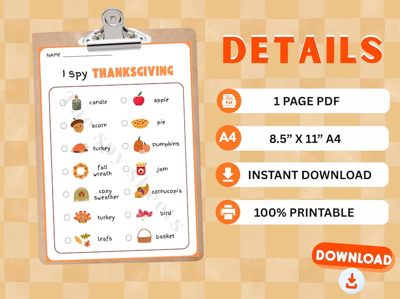 THANKSGIVING I SPY Fall Activity Sheet - Etsy