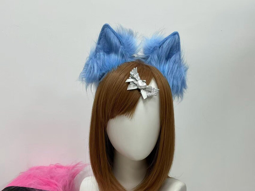 Realistic Sky Blue Faux Fur Ears Headband Wolf Girl Cosplay Accessory ...