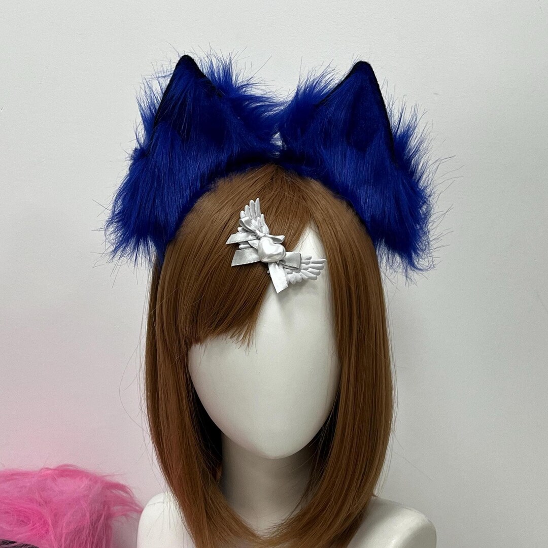 Realistic Royal Blue Faux Fur Ears Headband Wolf Girl Cosplay Accessory ...