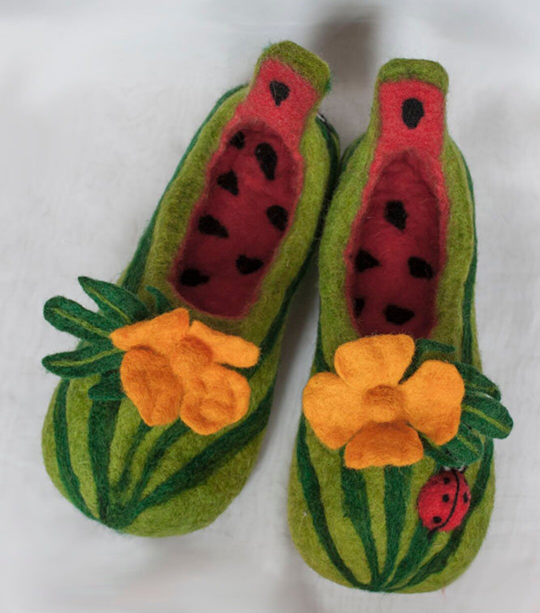 Handmade Felted Wool Slippers, Watermelon & Ladybug Design - Etsy