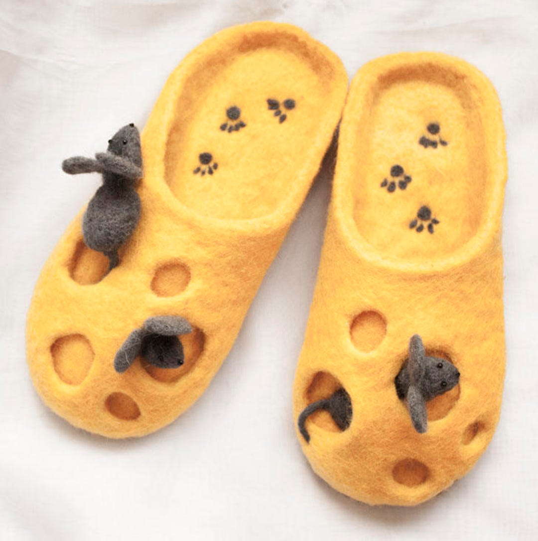 Felted Women's Slippers With Mice - Women's Yellow Woolen Slippers ...