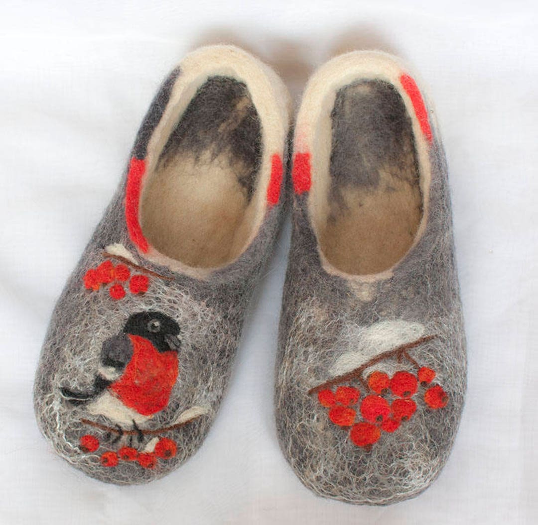Felted Wool Slippers - Handmade Bullfinch Bird Art - Felted Women's ...