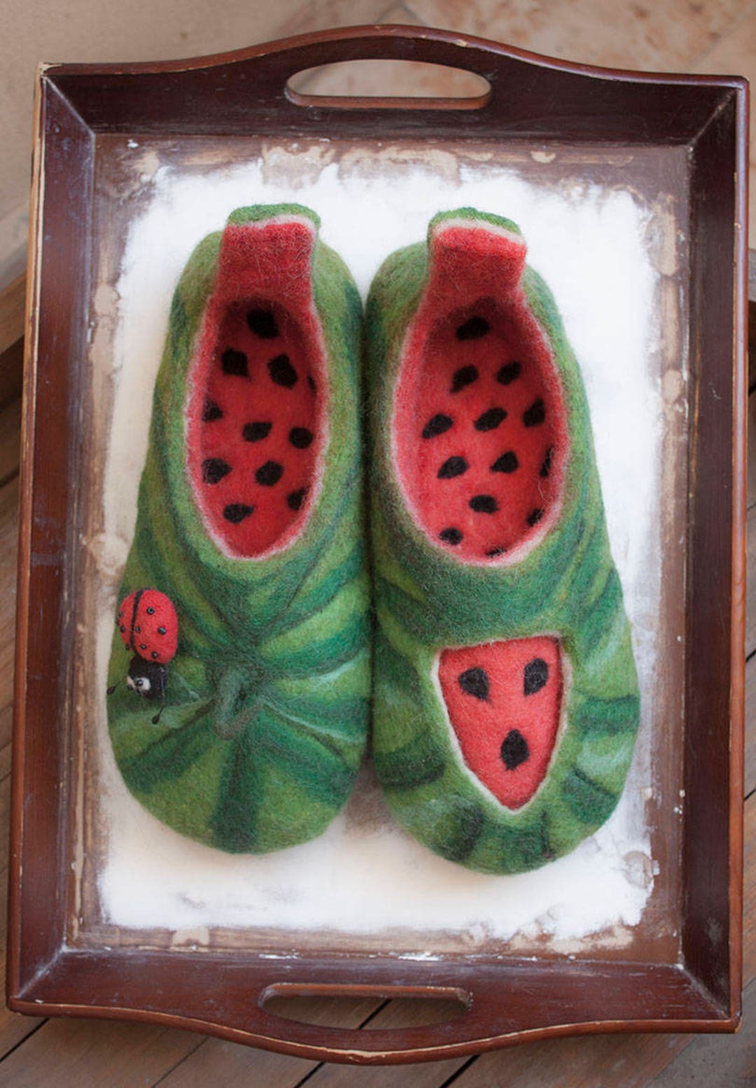 Felted Women's Slippers Watermelon - Women's House Shoes Green With Red ...
