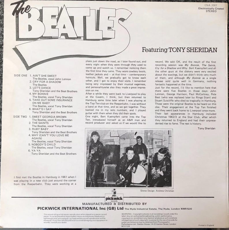 The Beatles Featuring Tony Sheridan 1976 Uk Contour Vinyl Lp Cn 2007 Ex ...