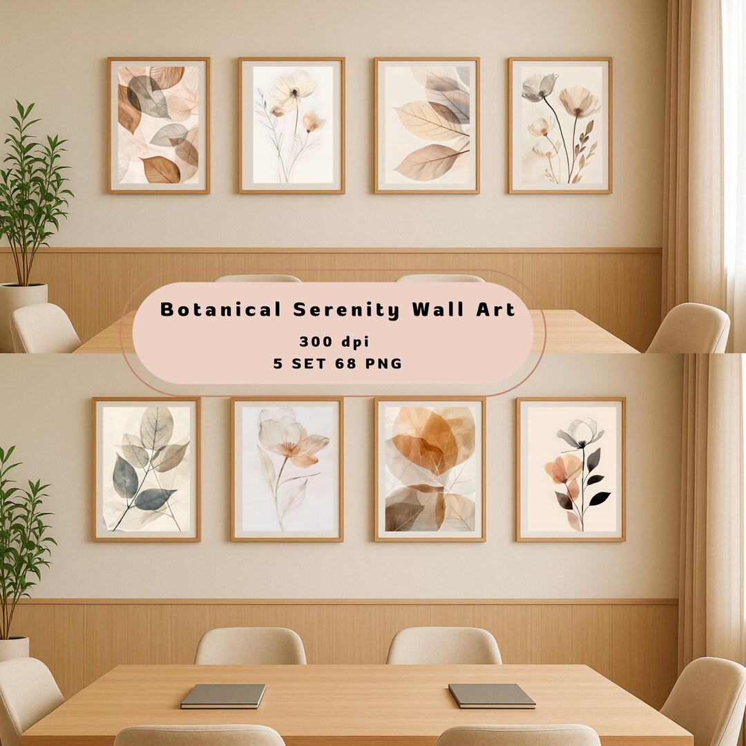 Japandi Botanical Print Set, Watercolor Flower Leaf Art (digital ...