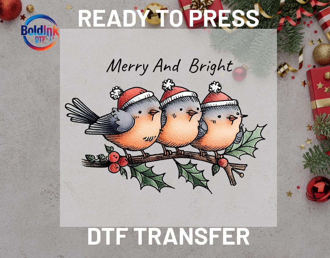 Christmas Birds DTF Transfer, Ready to Press Transfer, Merry and Bright ...