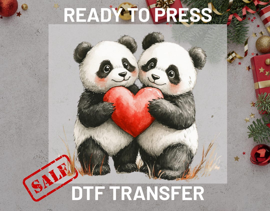 Cute Panda Couple Heart DTF Transfer Ready to Press, Watercolor ...