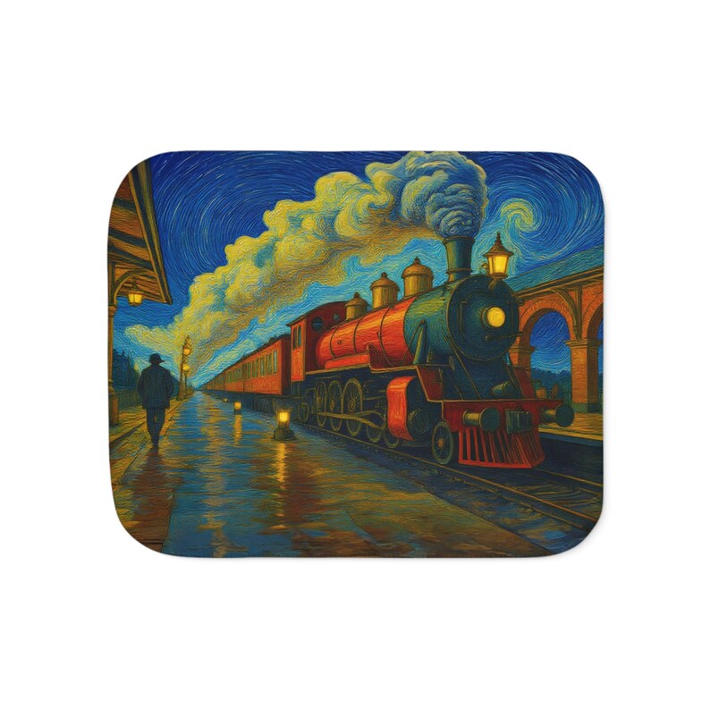 Vintage Steam Locomotive at Night Blanket – Van Gogh Style Train Art ...