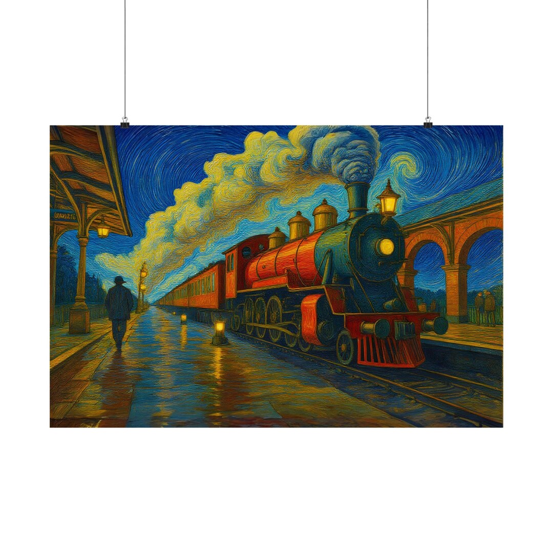 Van Gogh Style Train Print – Steam Locomotive at Night, Starry Railway ...