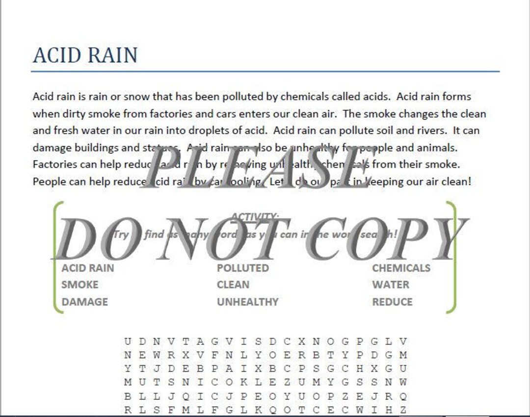 Acid Rain Science Word Search Homeschool Elementary Classroom Printable ...