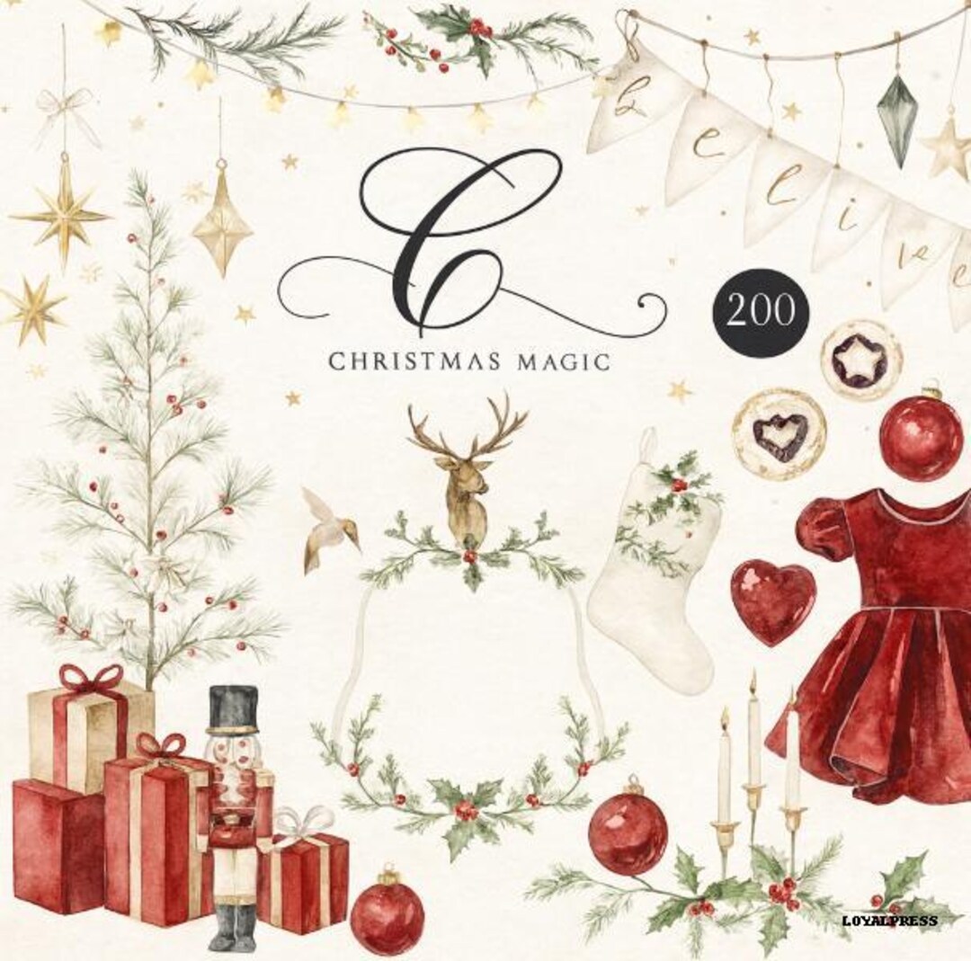 Christmas Woodland Animals Watercolor Art – Red Background – Digital ...