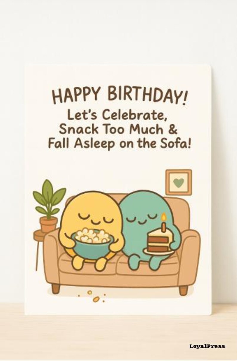 Funny Cartoon Birthday Card Printable – Cozy Sofa Snacking Scene - Etsy