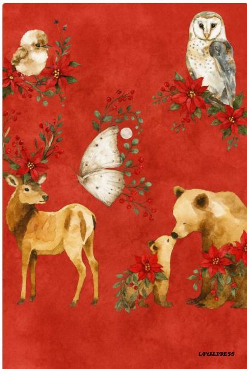 Christmas Woodland Animals Watercolor Art – Red Background – Digital ...