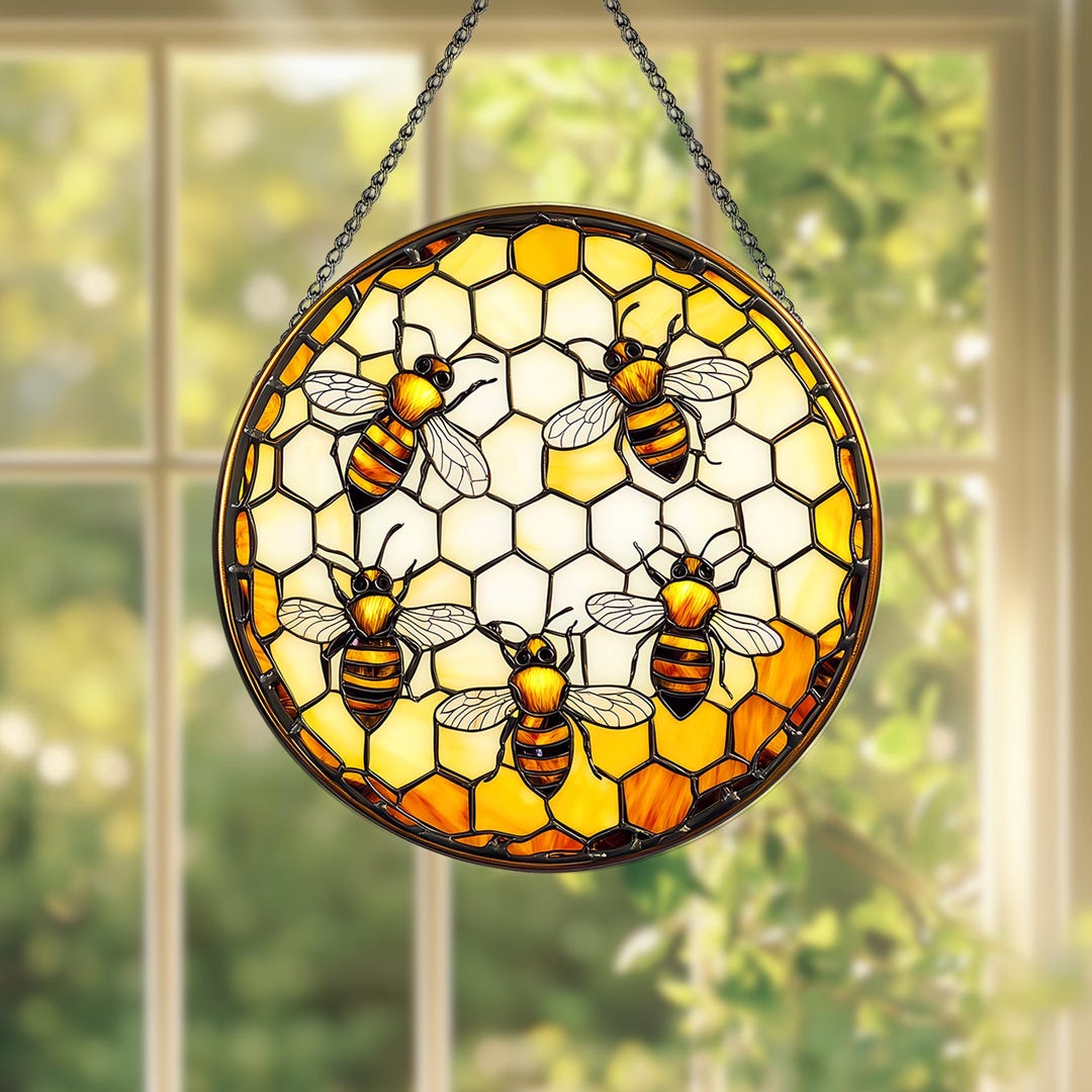 Stained Glass Bees Honeycomb Window Hanging Decoration Round Suncatcher ...