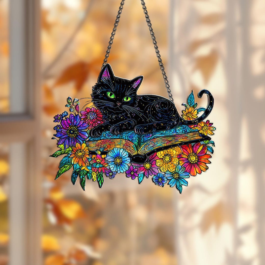 Black Cat Acrylic Suncatcher Window Hanging With Flowers and Book ...