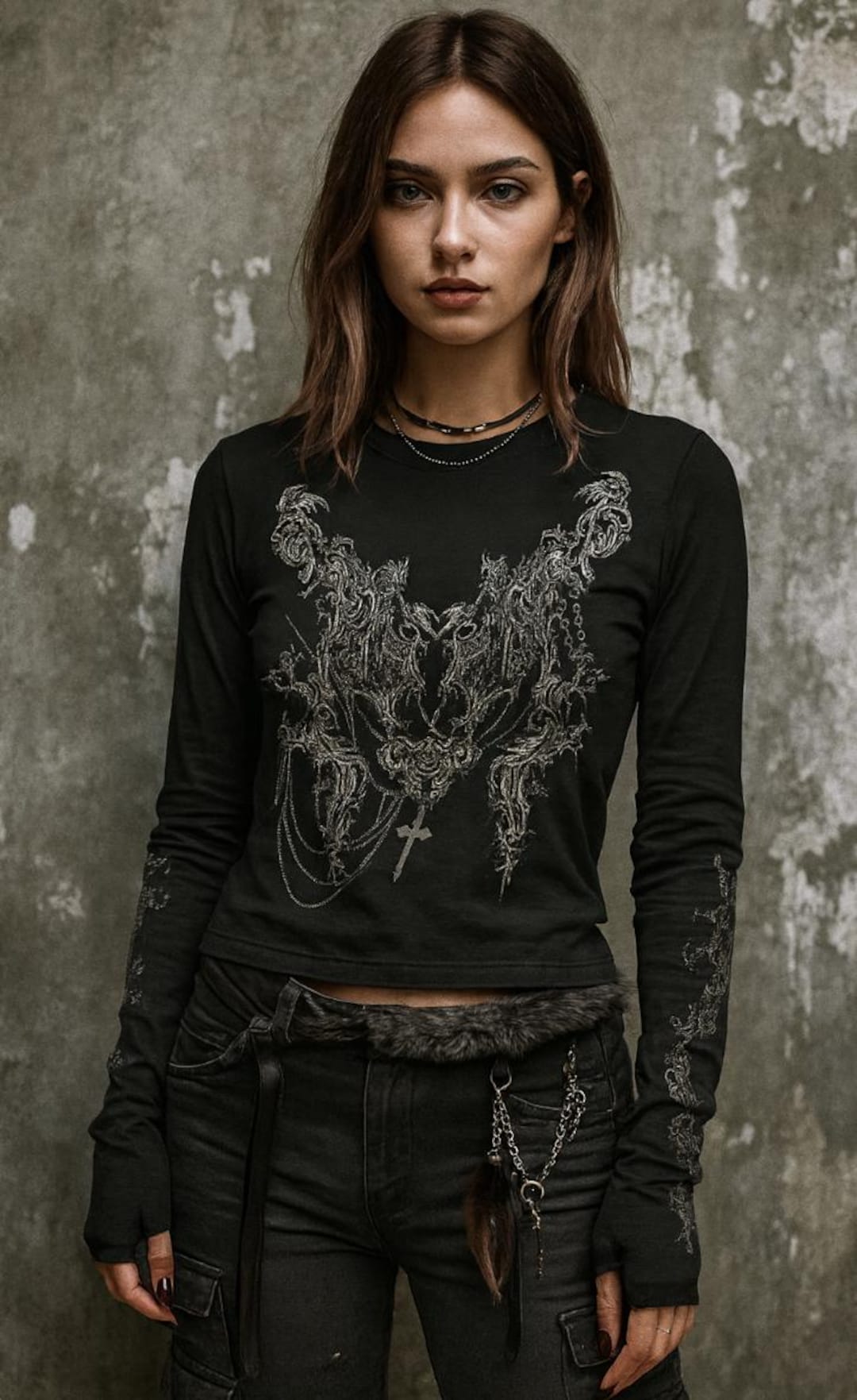 Gothic Printed Long Sleeve Top, Grunge Y2K Punk Shirt Emo Alt Edgy - Etsy