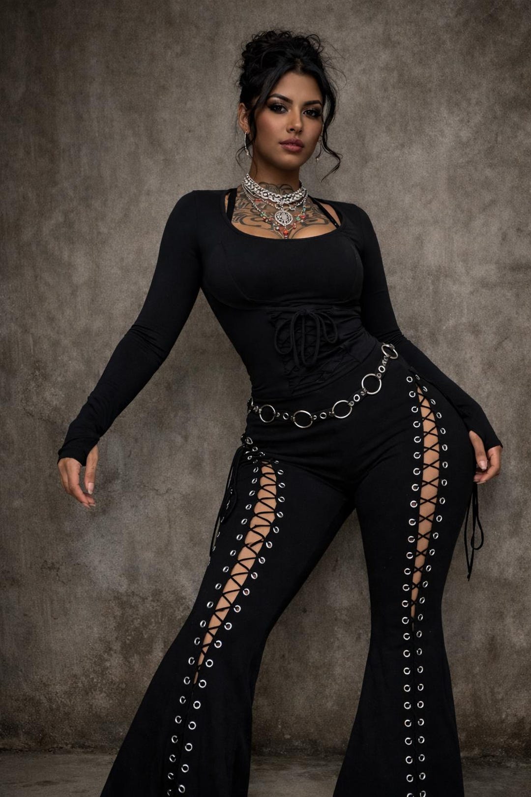 Gothic Lace-up Top and Pants Set – Edgy Silver Grommet Outfit Alt Y2k ...