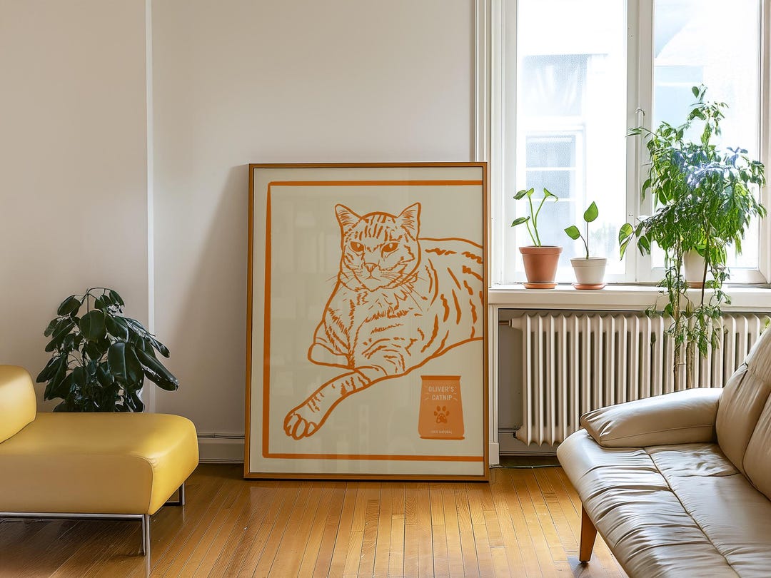 Custom Cat Line Drawing With Personalized Prop, Badly Drawn Pet ...