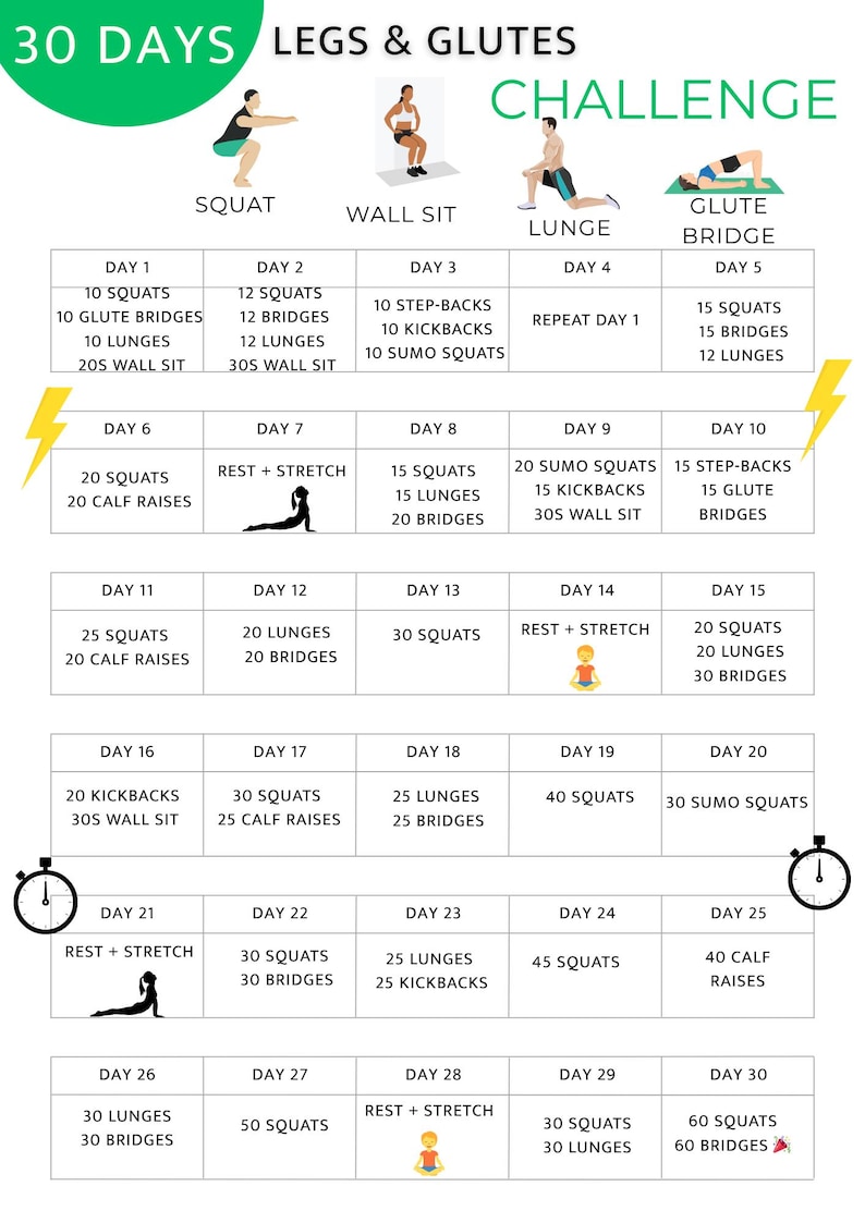 30-day Legs & Glutes Workout Challenge Printable Fitness Planner | Home ...