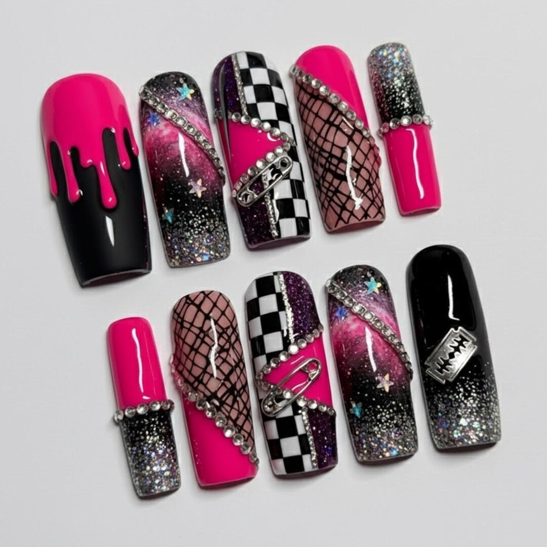 Hot Pink Black Scene Emo Nails - Razor Blade & Safety Pin Charms ...