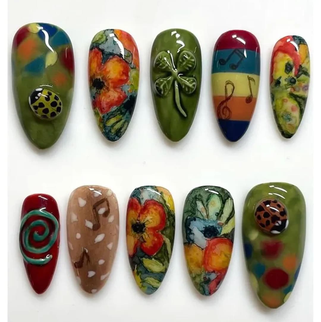 Artsy Garden Press on Nails | Hand Painted Floral & Ladybug Nail Set ...