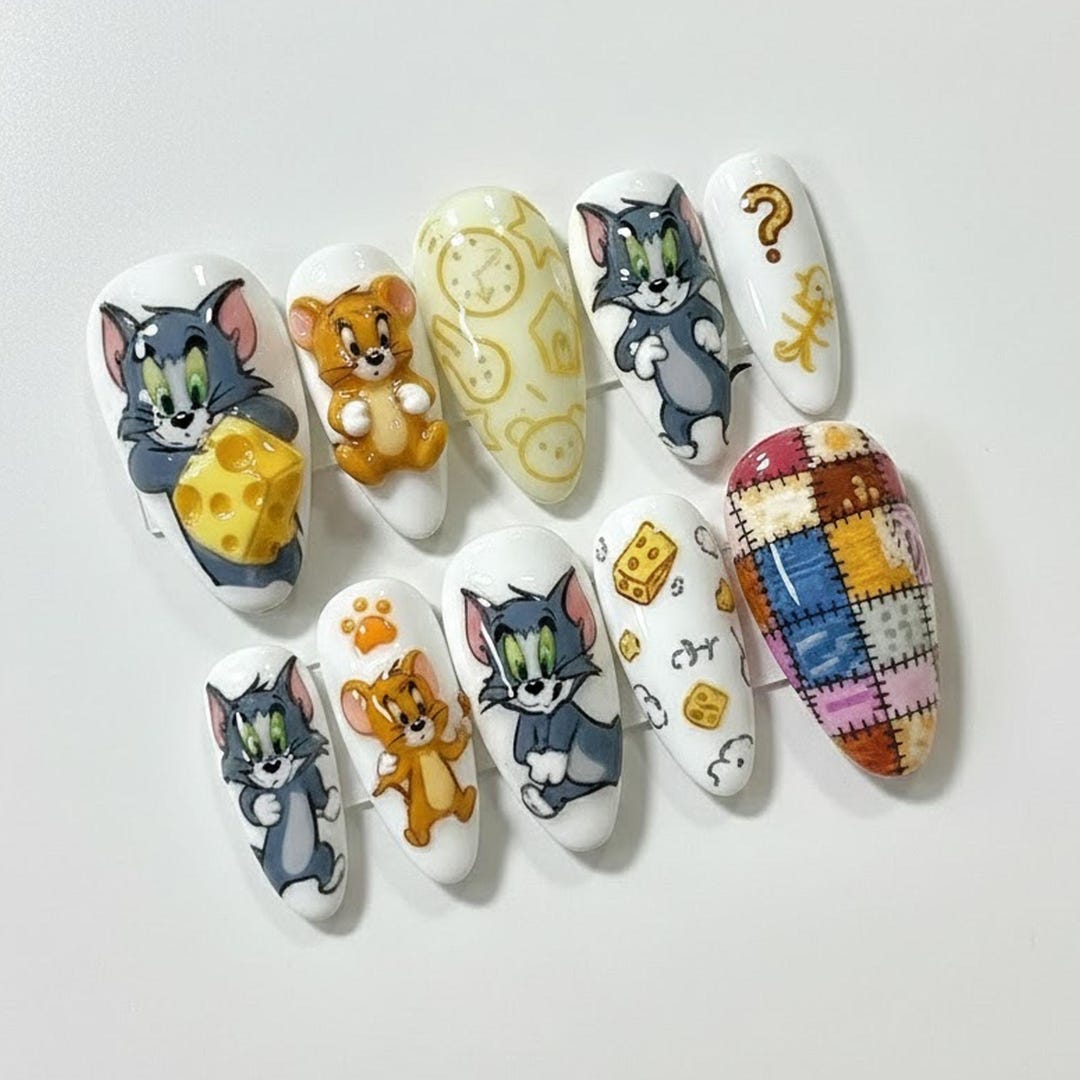 Handmade Tom & Jerry Almond Press on Nails, 3D Mouse and Cheese Block ...