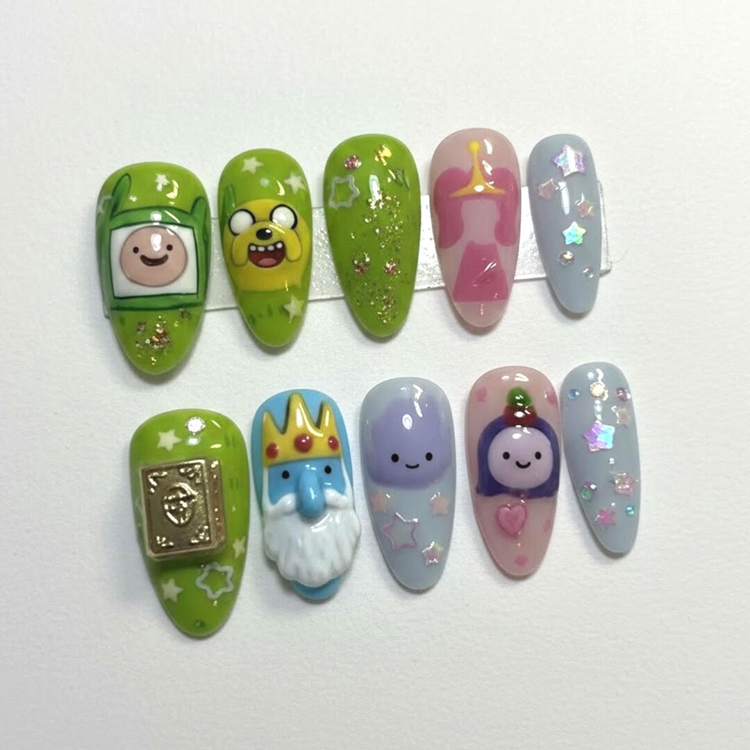 Handmade Adventure Time Finn & Jake Kawaii Almond Press on Nails, 3D ...
