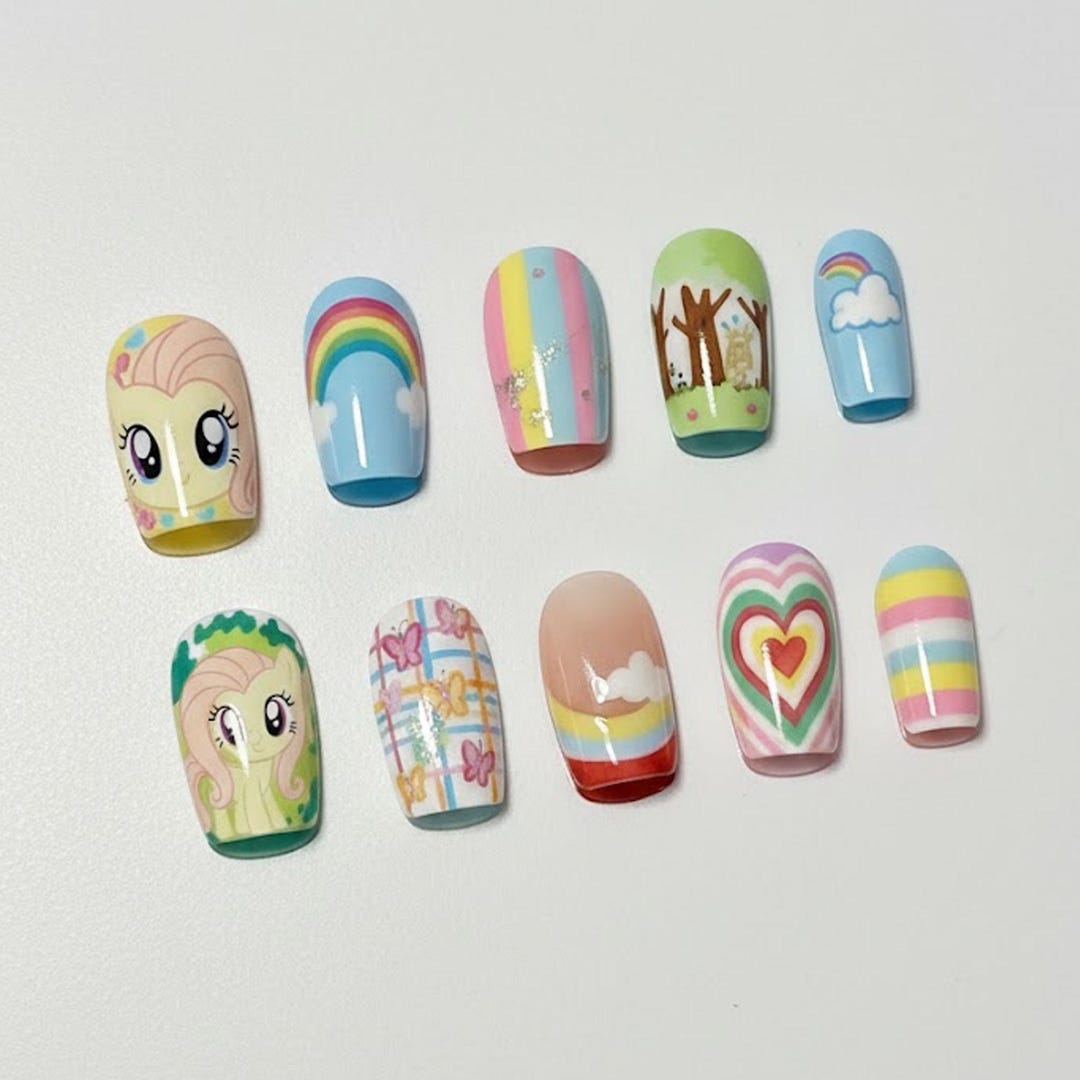 Handmade Fluttershy Inspired Kawaii Press on Nails, Rainbow & Forest ...