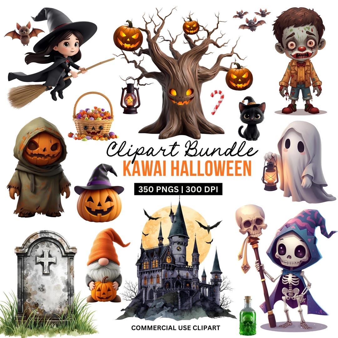 Kawaii Halloween Clipart Bundle | 350 PNG Graphics (digital Download ...