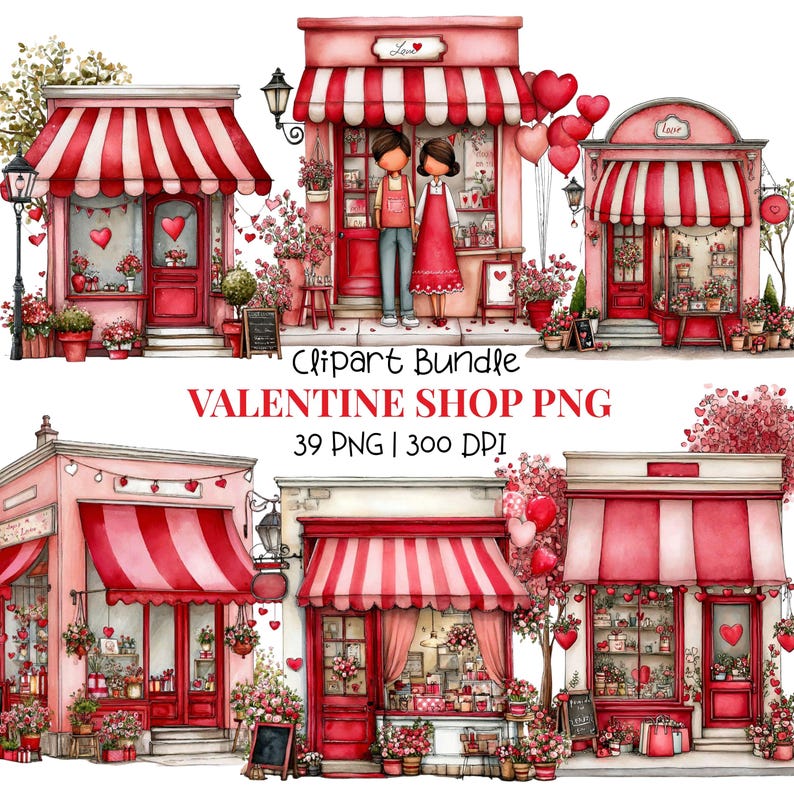 Valentine Shop Clipart: Romantic Storefront Watercolor Illustrations ...