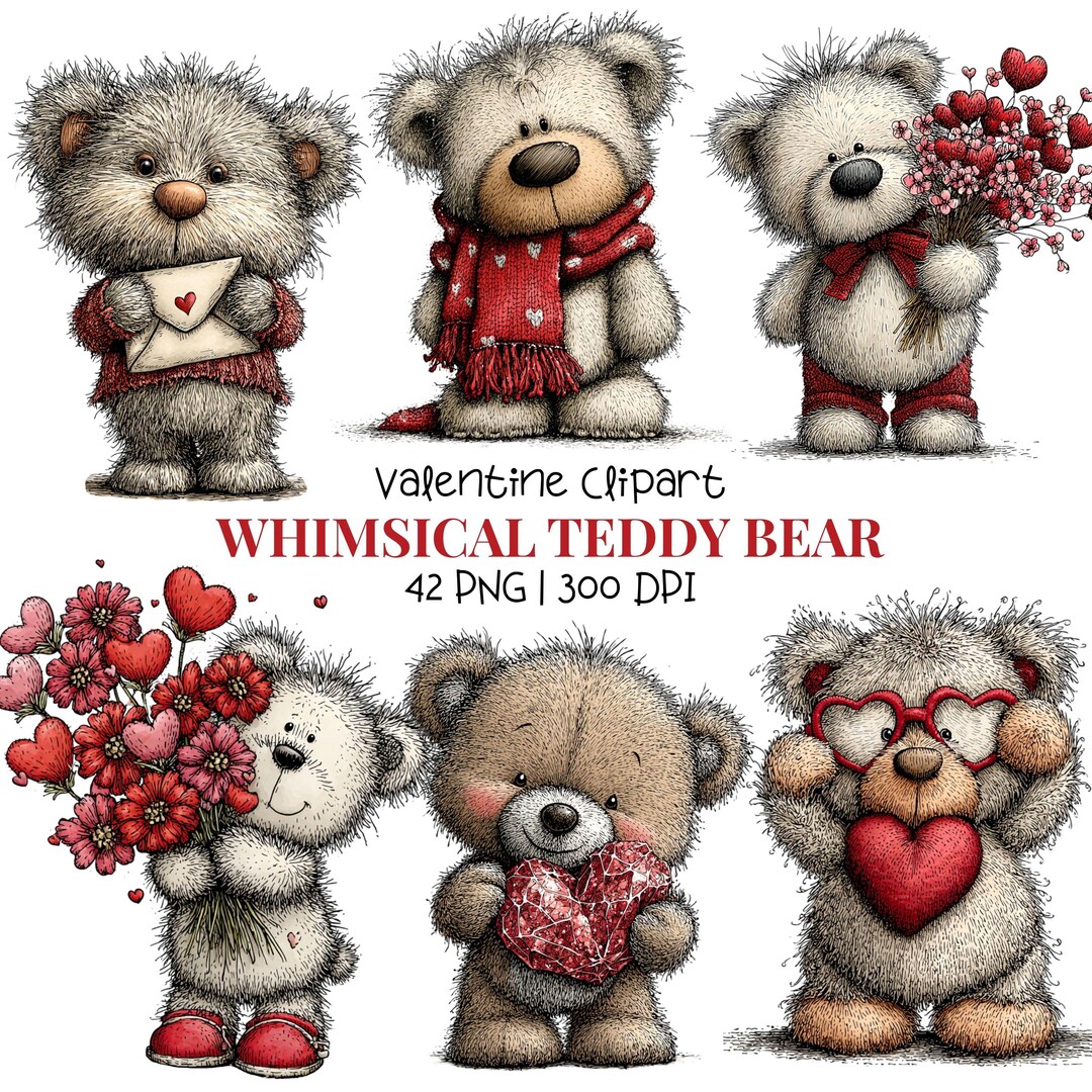 Whimsical Valentine Teddy Bear Clipart: Heartfelt Love Graphics ...