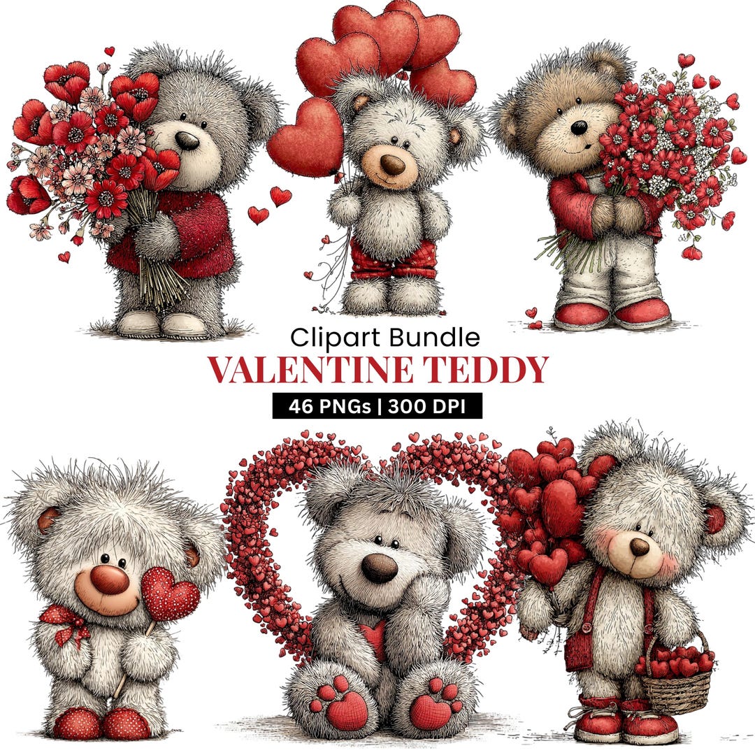 Valentine Teddy Bear Clipart Bundle : Heartfelt Love Illustrations ...
