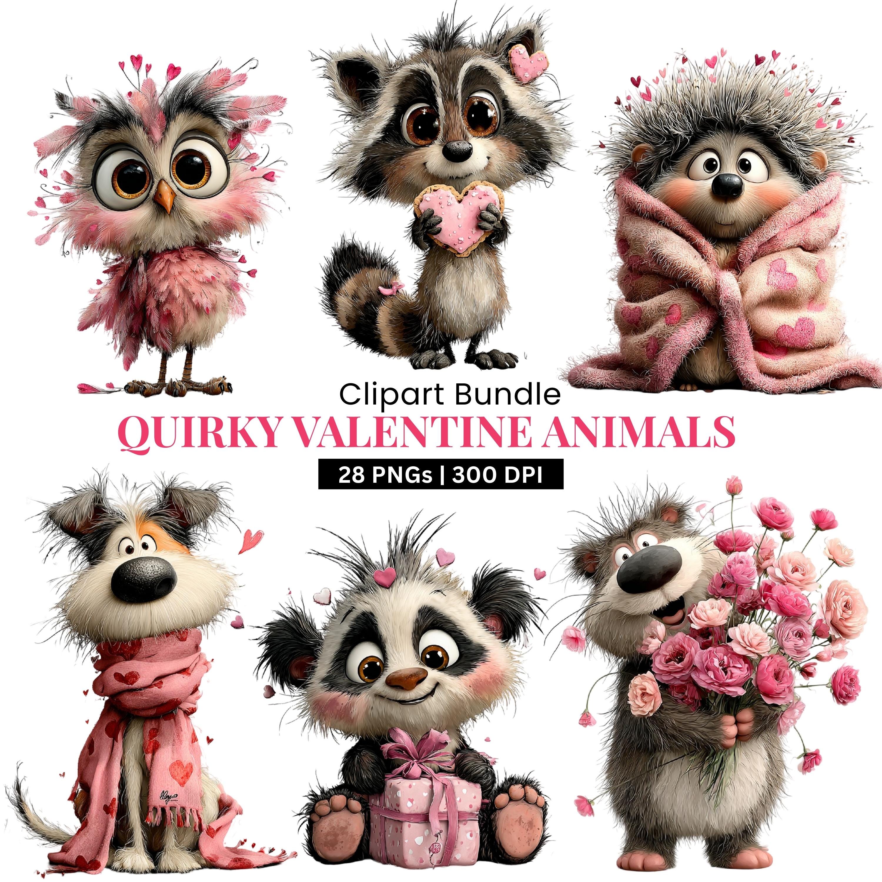 Quirky Valentine Animals Clipart: Romantic Love Theme Graphics (digital ...