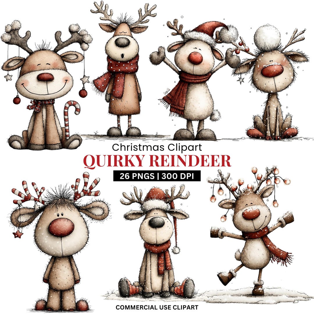 Whimsical Reindeer Christmas Clipart: Cozy Holiday Art Set (digital ...