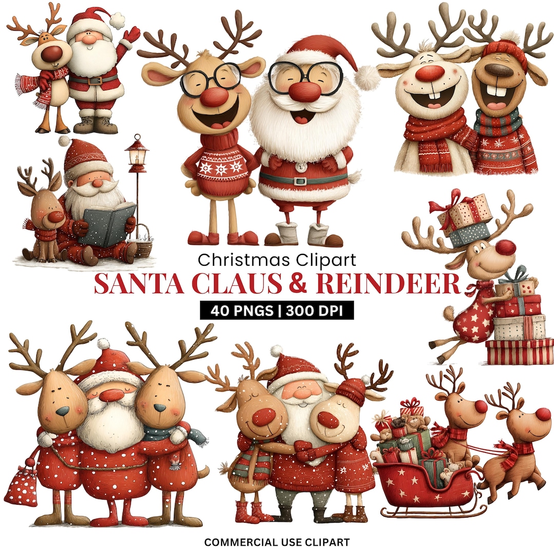 Santa Claus & Reindeer Christmas Clipart: Whimsical Holiday Graphics ...