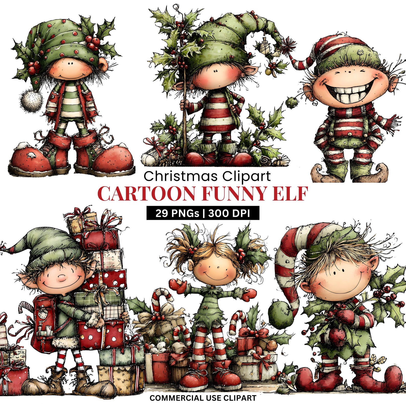 Cartoon Funny Elf Clipart: Adorable Christmas Graphics (digital ...