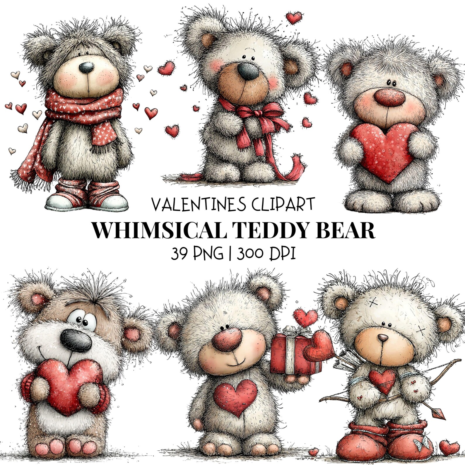 Teddy Bear Valentine Clipart: Whimsical Love Bears (digital Download ...
