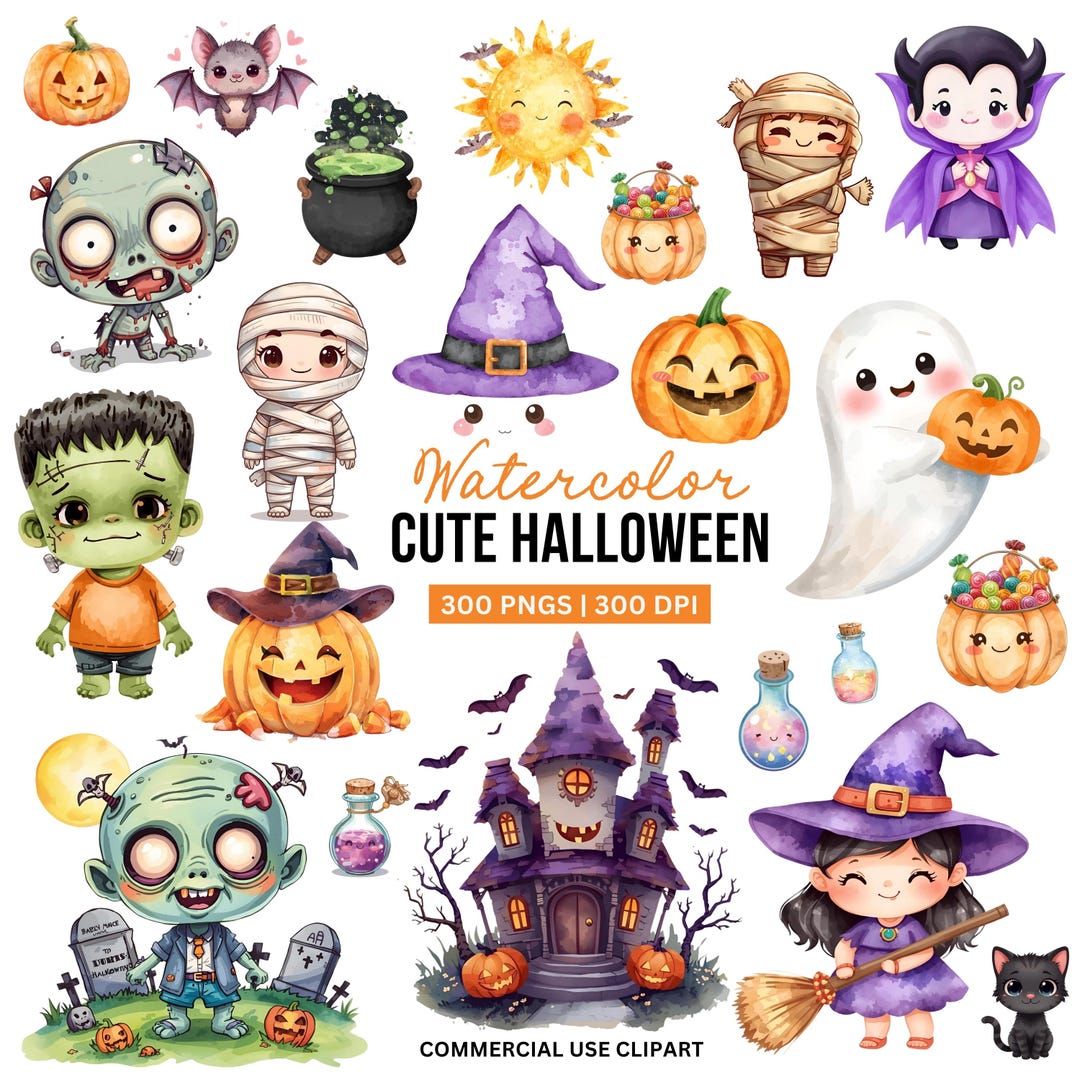 Watercolor Halloween Clipart Bundle | Kawaii Spooky Pngs (digital ...