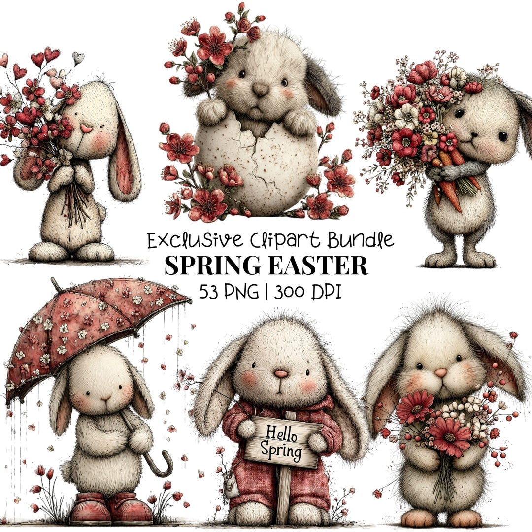 Spring Easter Bunny Clipart: Charming Floral Spring Graphics (digital ...