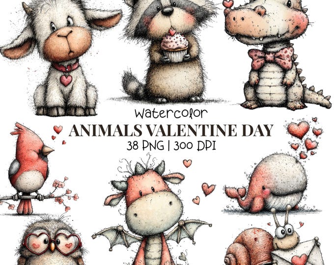 Valentine Animals PNG Set: Romantic Watercolor Love Clipart Bundle 13 ...