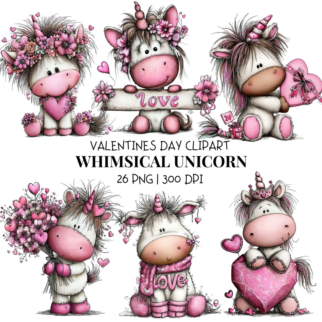 Valentine Unicorn Clipart: Whimsical Love Illustrations (digital ...