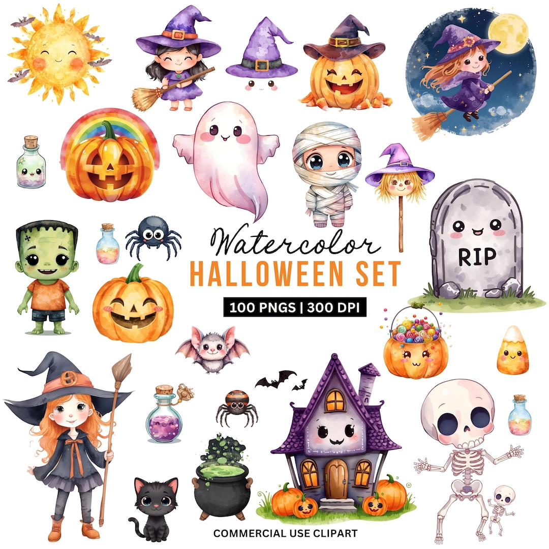 Cute Halloween Clipart Bundle, 100 Watercolor PNG Ghosts Witches ...
