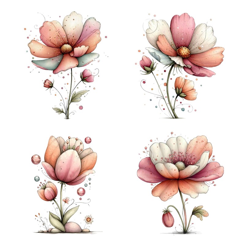 Whimsical Spring Flower Clipart: Soft Floral Illustrations for Creative ...
