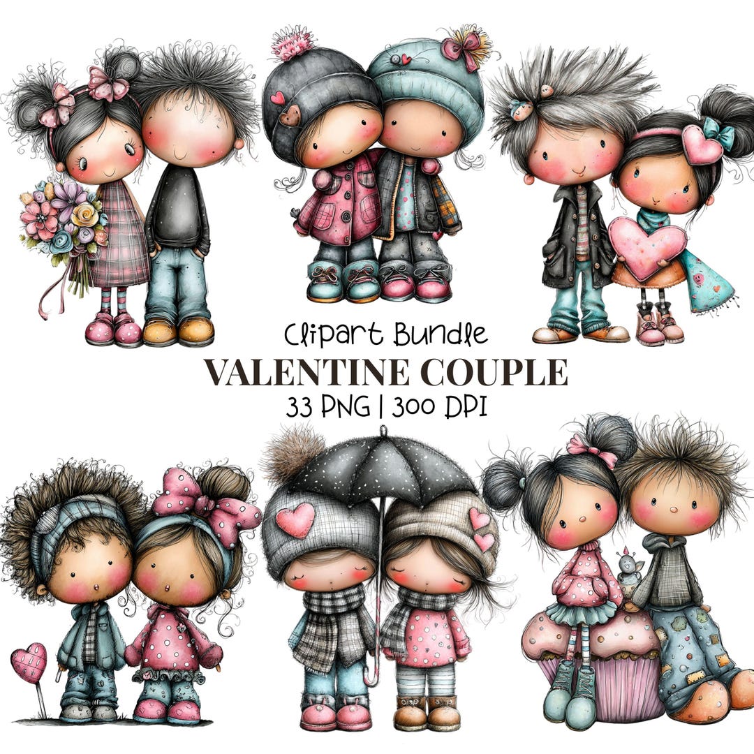 Valentine Couple Clipart Whimsical Love PNG Bundle Digital Download 33 ...
