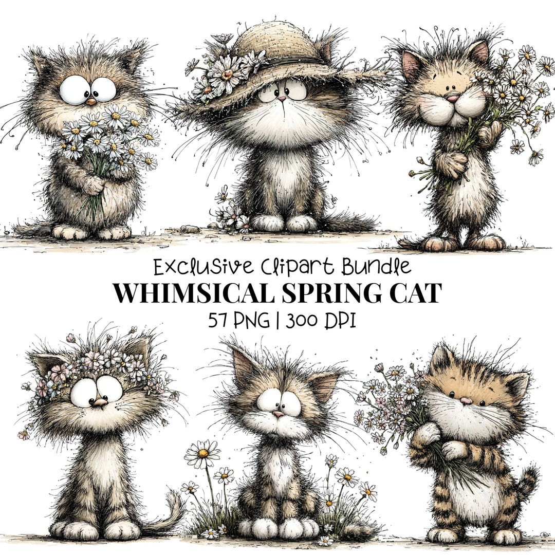 Whimsical Spring Cat Clipart: Floral Cat Illustrations for Creative ...