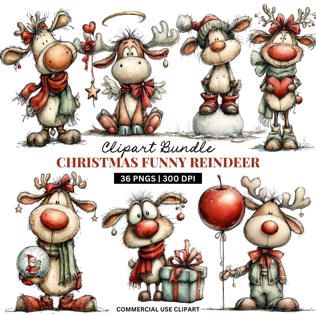 Christmas Funny Reindeer Graphics: Whimsical Holiday Clipart (36 PNG ...