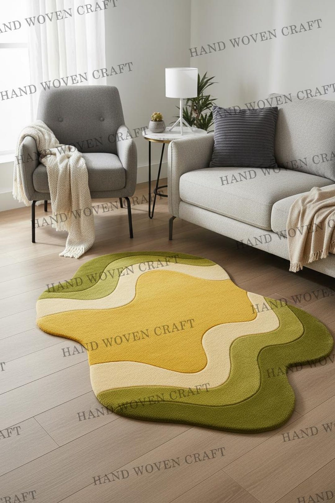 Earth Tone Wavy Hand Tufted Rug – Modern Olive Green Yellow Abstract ...