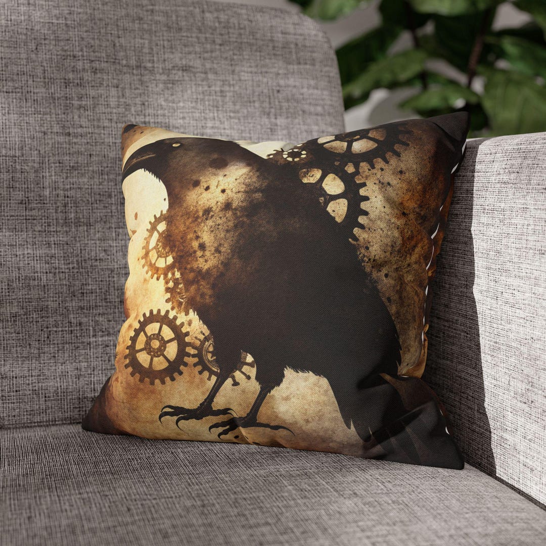 Steampunk Raven Pillow, Industrial Gothic Crow Decor,vintage Gear Art ...